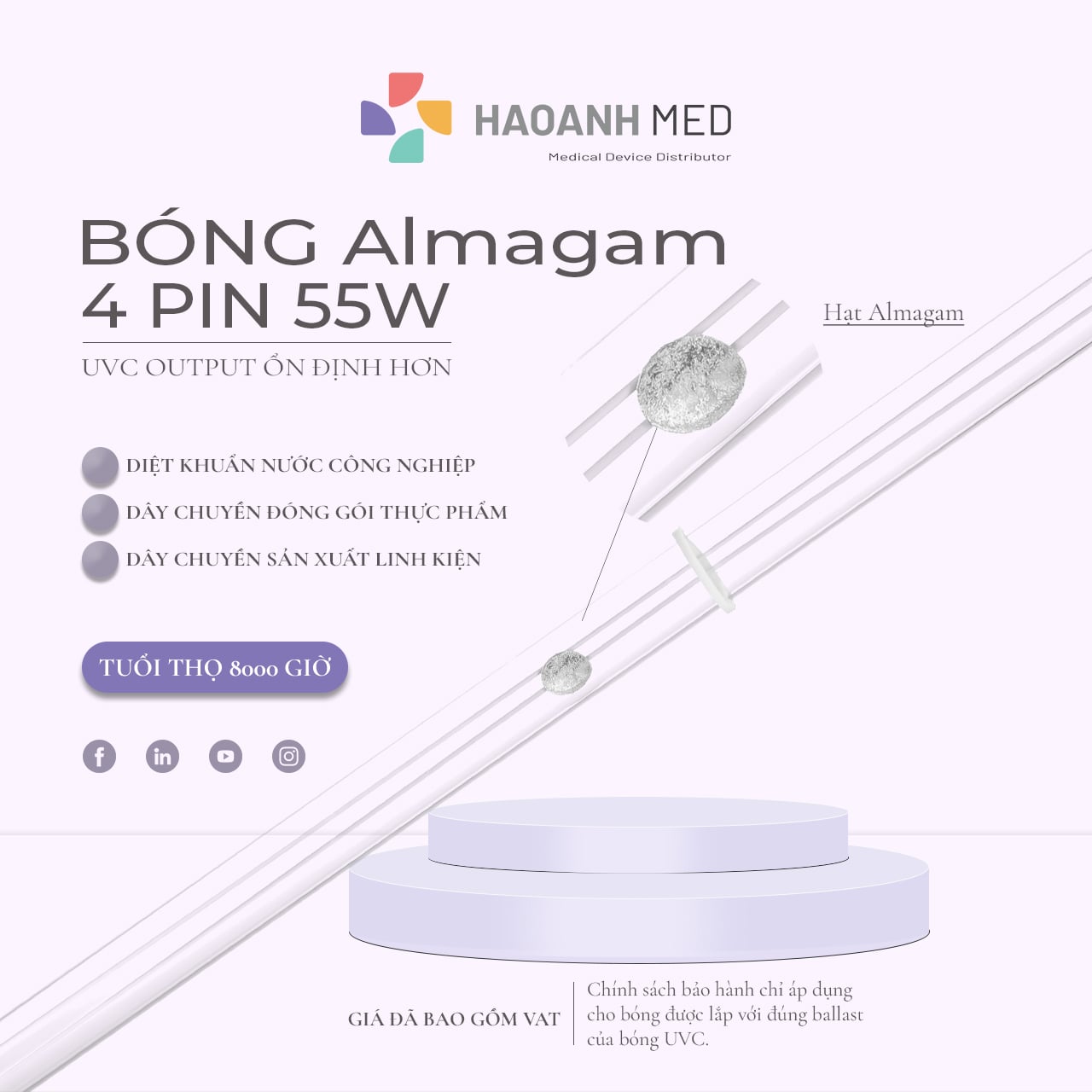 Bóng UV Almagam Diệt Khuẩn 4 Pin 55W Kích Thước T5 / 925mm - Đui G10q ...
