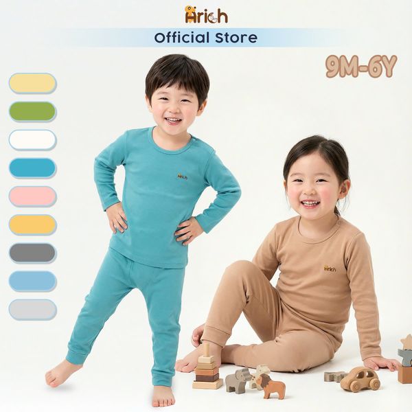 Bộ dài tay cài vai Arich vải sợi tre mềm mát,màu trơn cho bé trai, bé