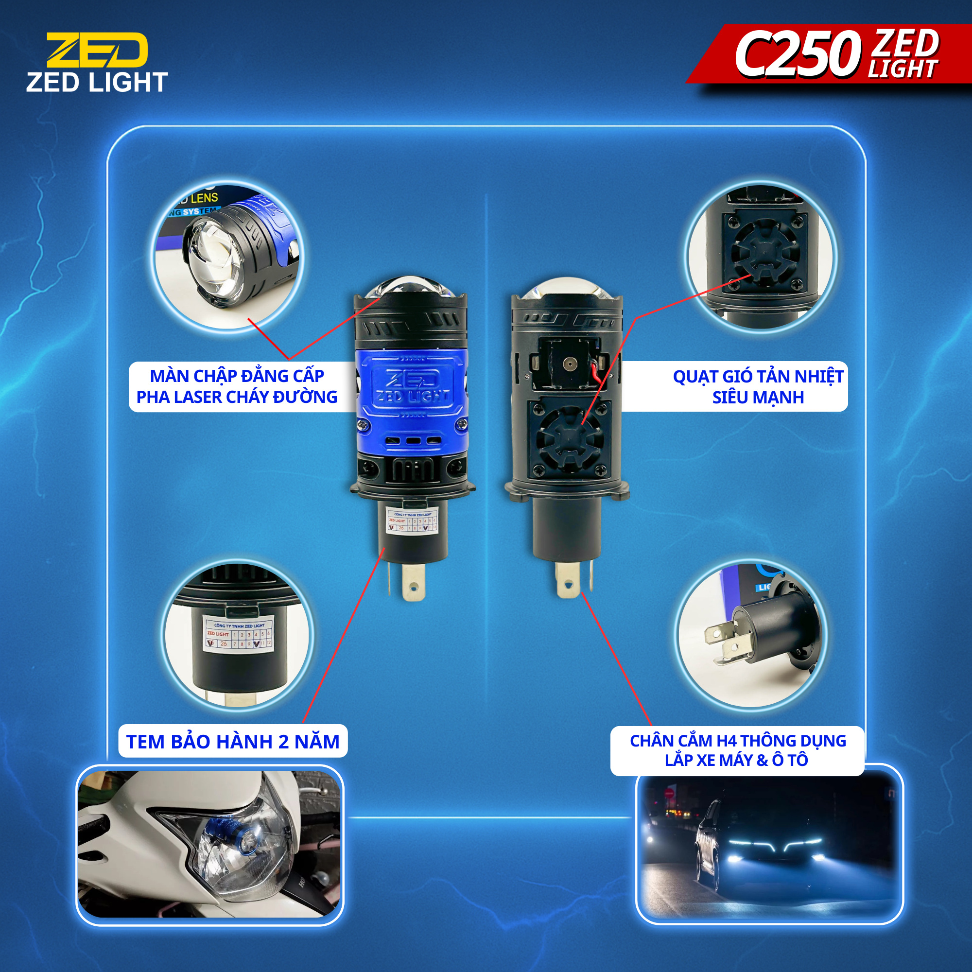 Đèn LED Pha Bi Cầu Mini C250 ZED LIGHT - 60W Siêu Sáng,Cos Rộng, Pha M ...