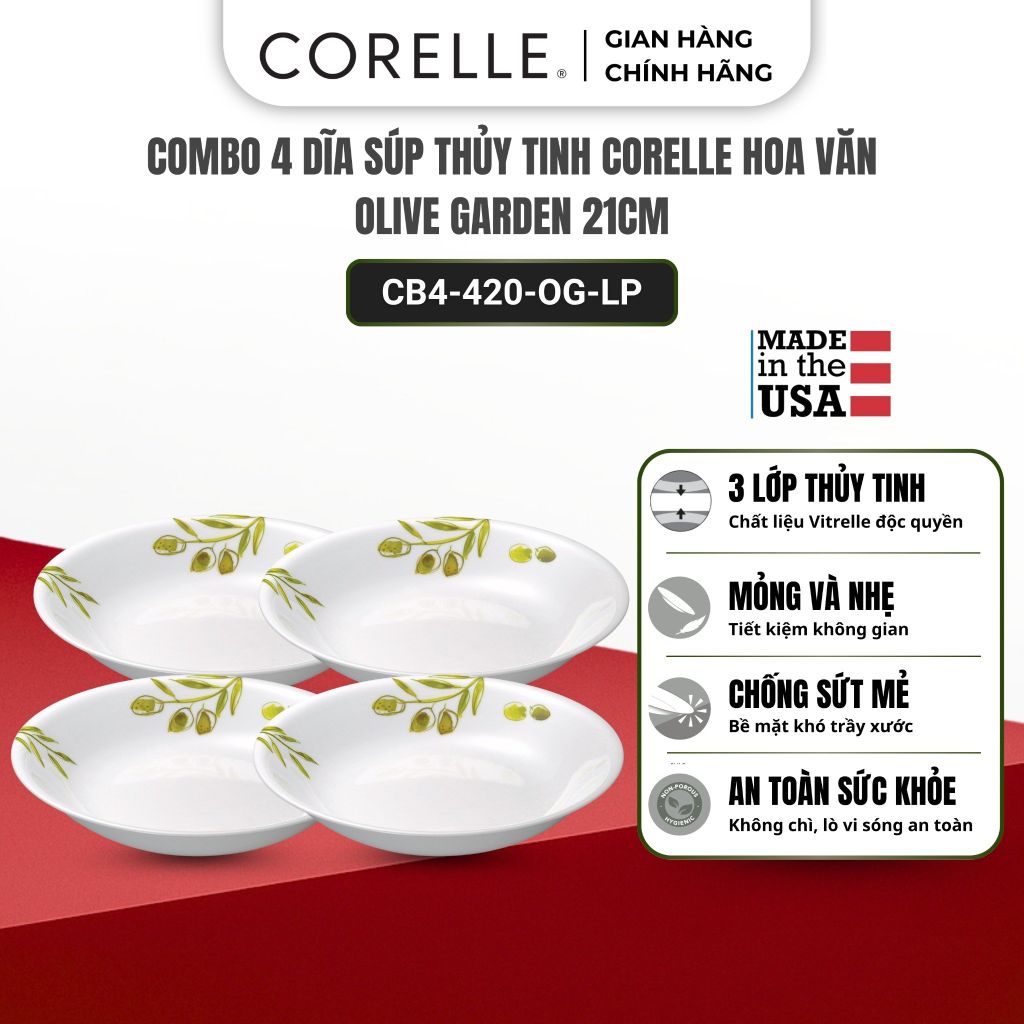 ONLINE | COMBO 4 Đĩa súp thủy tinh Corelle (hoa văn Olive Garden) 21cm