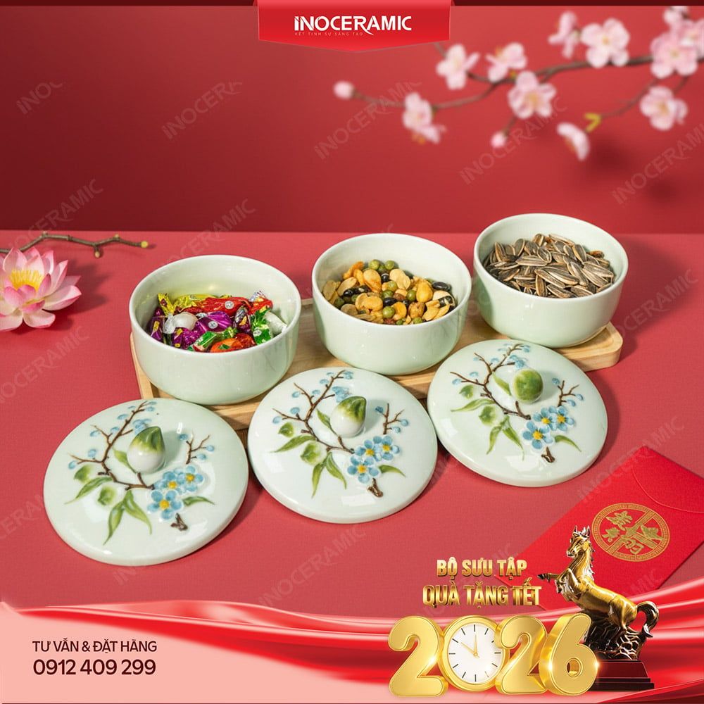 Bộ hũ mứt Thanh Đào Cát Tường - Quà Tết in logo sang trọng cho doanh n