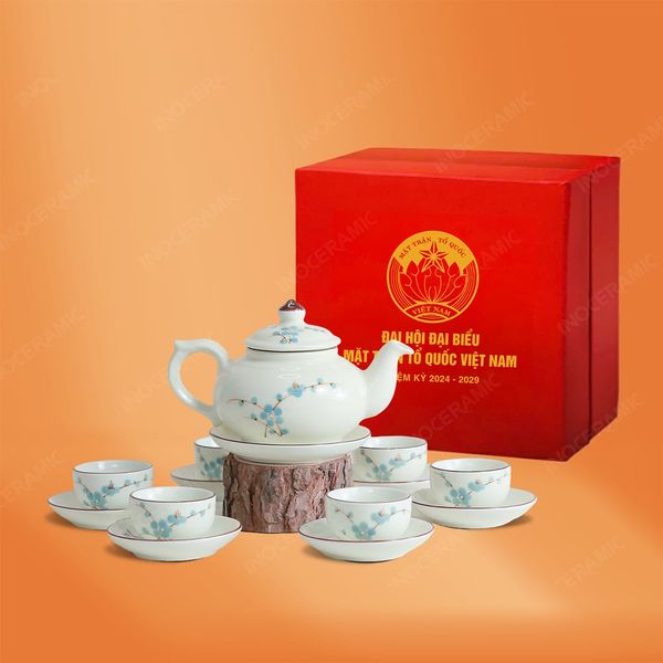 Quà tặng Đại hội Mặt trận - Bộ ấm trà ba men ngà hoa đào xanh vẽ tay