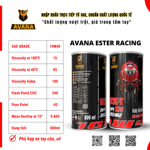 NHỚT AVANA RACING ESTER 10W40 800ML – CÔNG TY TNHH THƯƠNG MẠI VÀ DỊCH ...