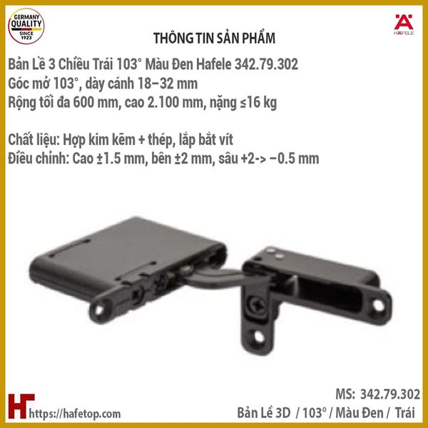 Bản Lề 3 Chiều Trái 103° Màu Đen Hafele 342.79.302 – hafetop
