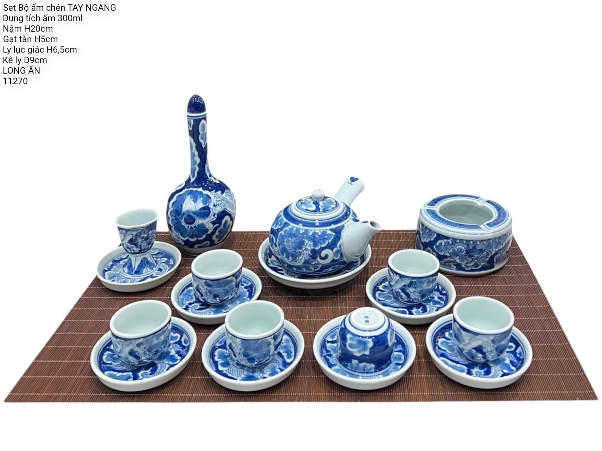 Bộ Ấm Chén Bát Tràng Dáng Tay Ngang 300ml Họa Tiết Long Ẩn – Tún Decor