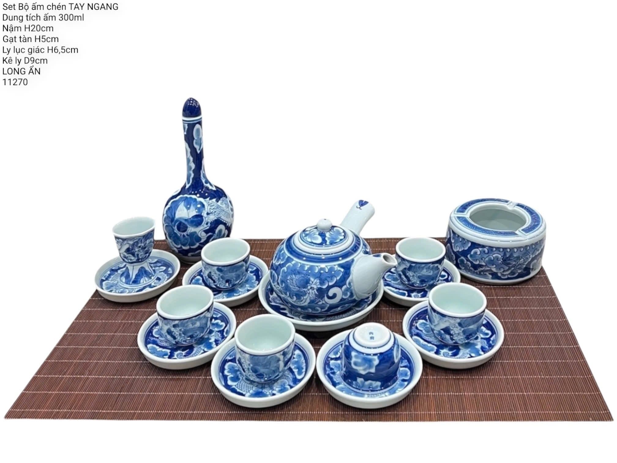 Bộ Ấm Chén Bát Tràng Dáng Tay Ngang 300ml Họa Tiết Long Ẩn – Tún Decor