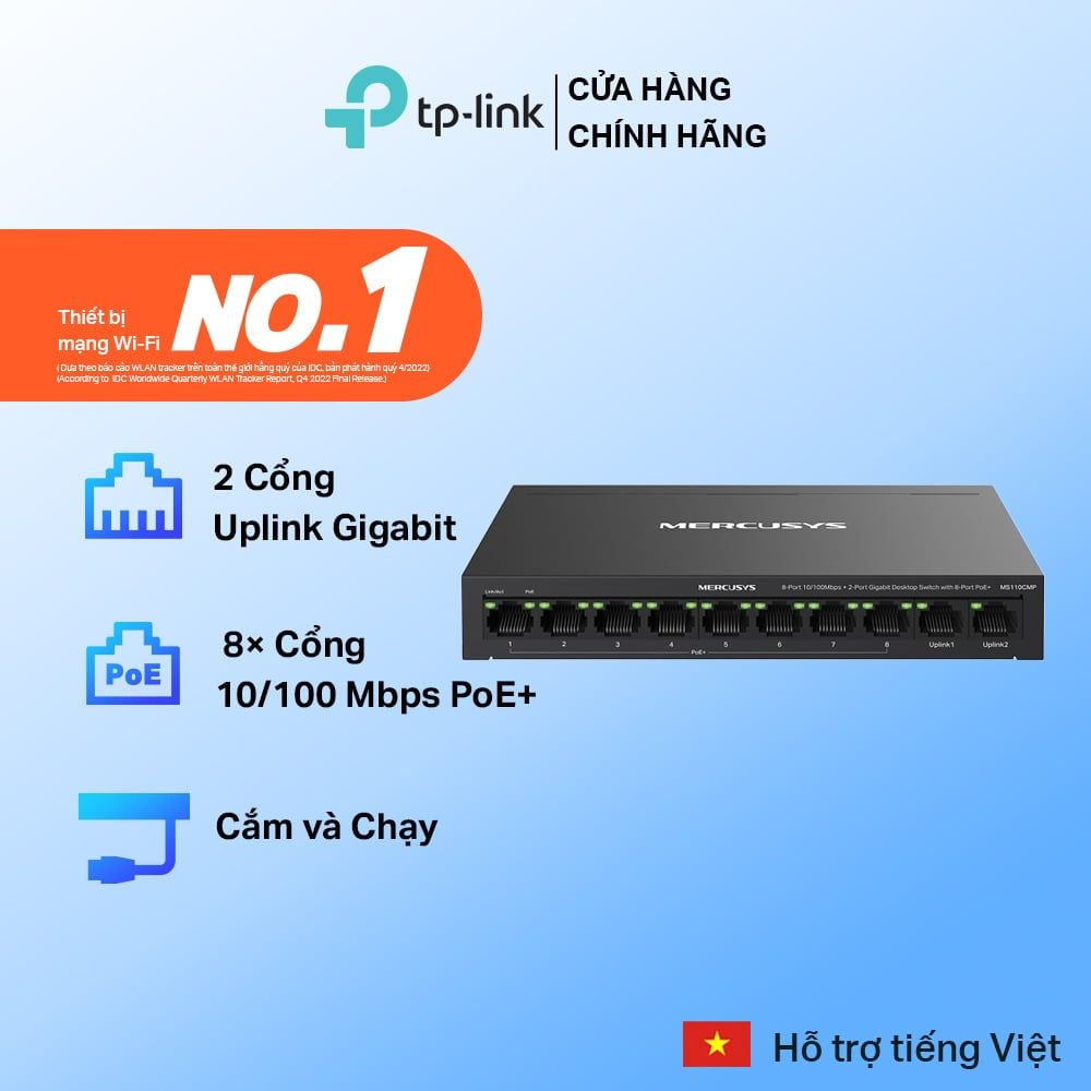 Bộ Chia Tín Hiệu Mercusys MS110CMP 8 Cổng 10/100 Mbps PoE 2 Cổng Giga