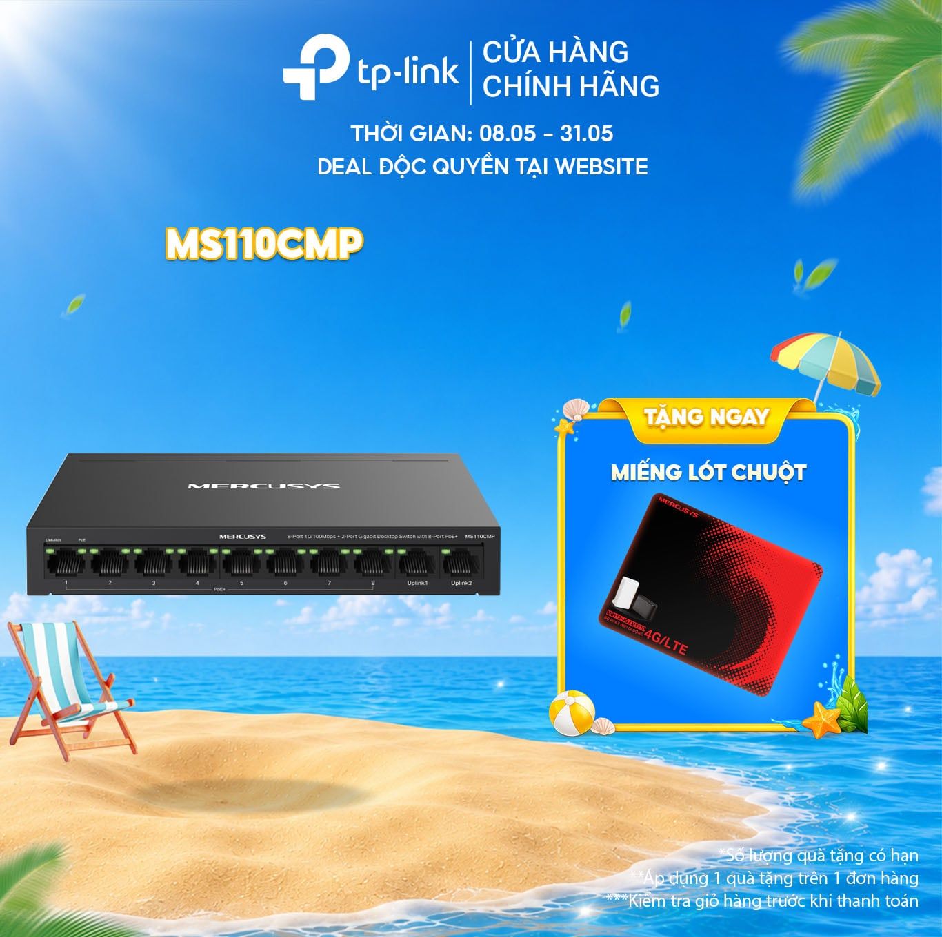 Bộ Chia Tín Hiệu Mercusys MS110CMP 8 Cổng 10/100 Mbps PoE 2 Cổng Giga