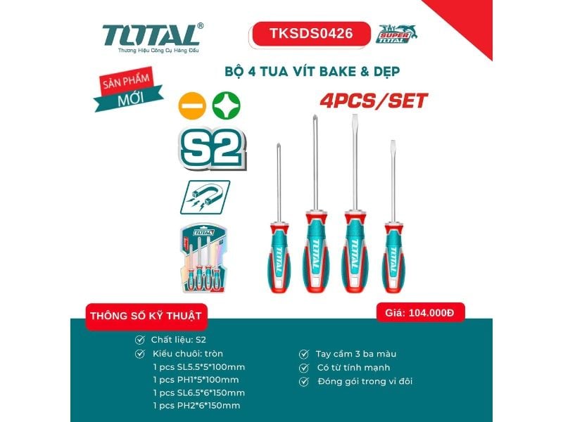 Bộ 4 Tua Vít Total TKSDS0426 Lưỡi S2 Từ Tính Mạnh Dễ Dùng – Maydungcu.com