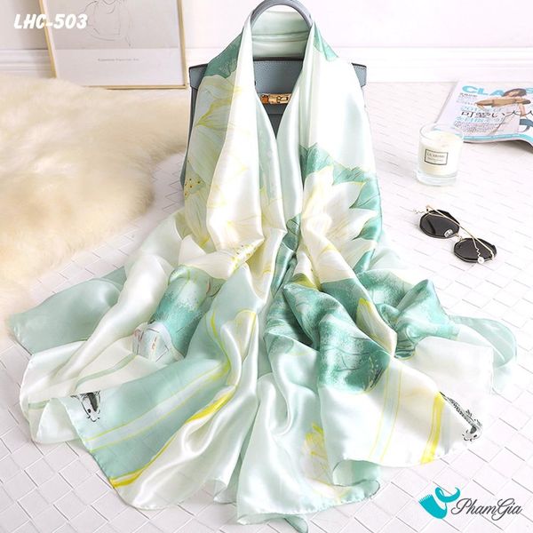 Khăn Choàng Lụa Hàng Châu Màu Xanh Ngọc Họa Tiết Hoa Sen Cá Chép Thanh ...