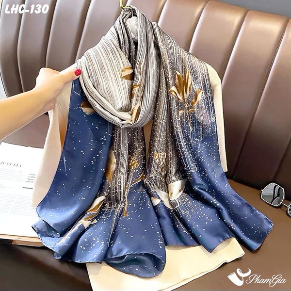 Khăn Choàng Lụa Hàng Châu Màu Xanh Navy Họa Tiết Lá Vàng Sang Trọng (L ...