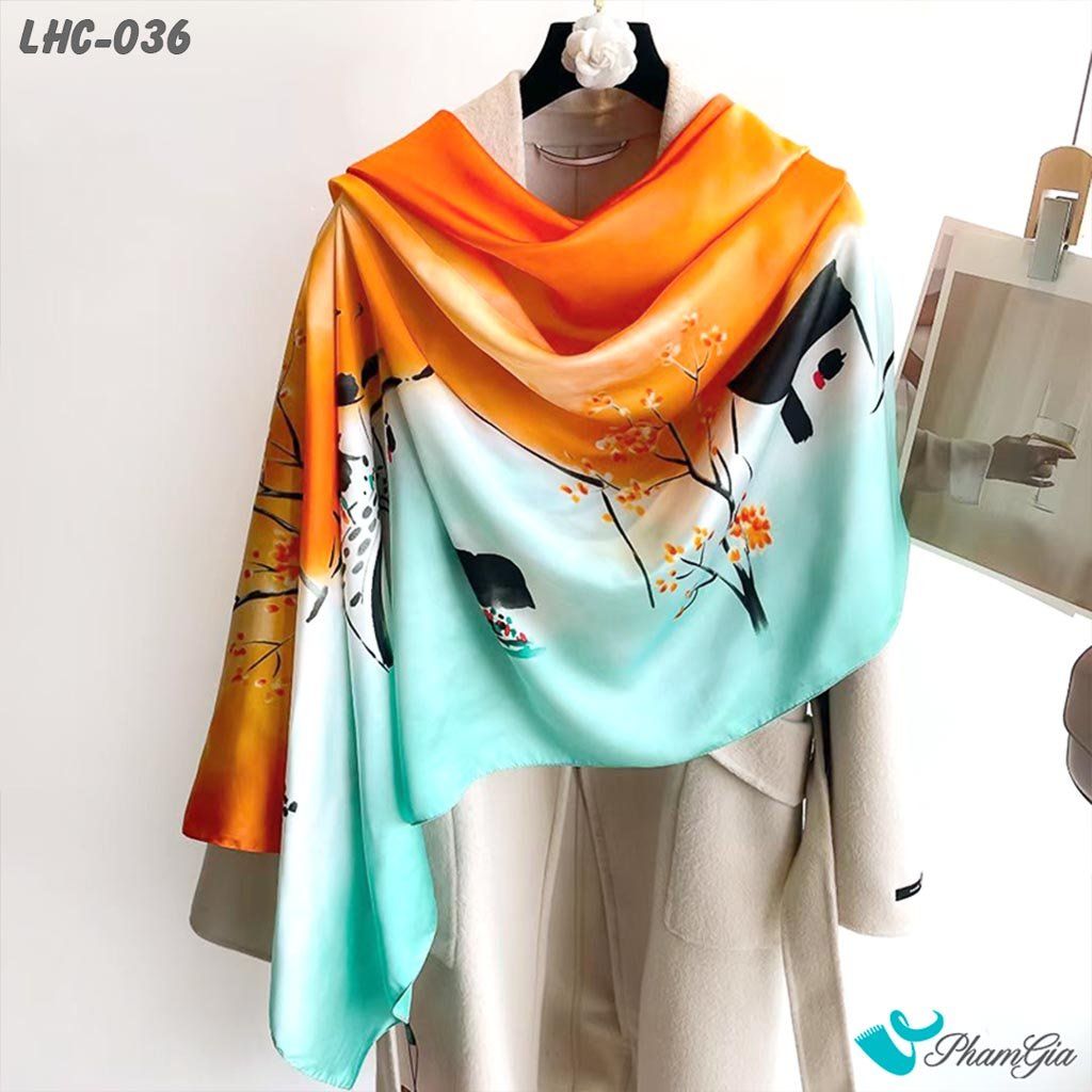 Khăn Choàng Lụa Hàng Châu Màu Cam Phối Xanh Ngọc Ombre Họa Tiết Hoa Đà ...