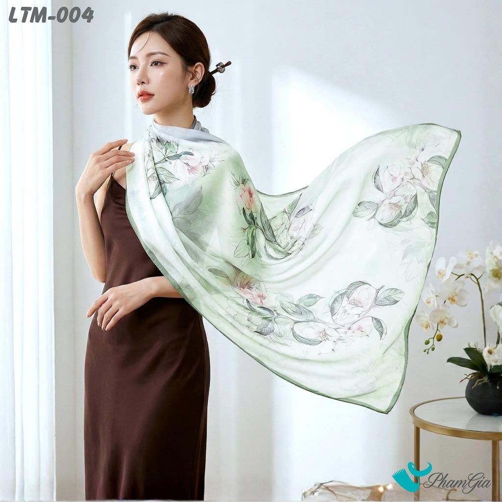 Khăn Choàng Lụa Trúc Mai Cao Cấp Họa Tiết Hoa Trà My Trắng Phối Màu Xa ...