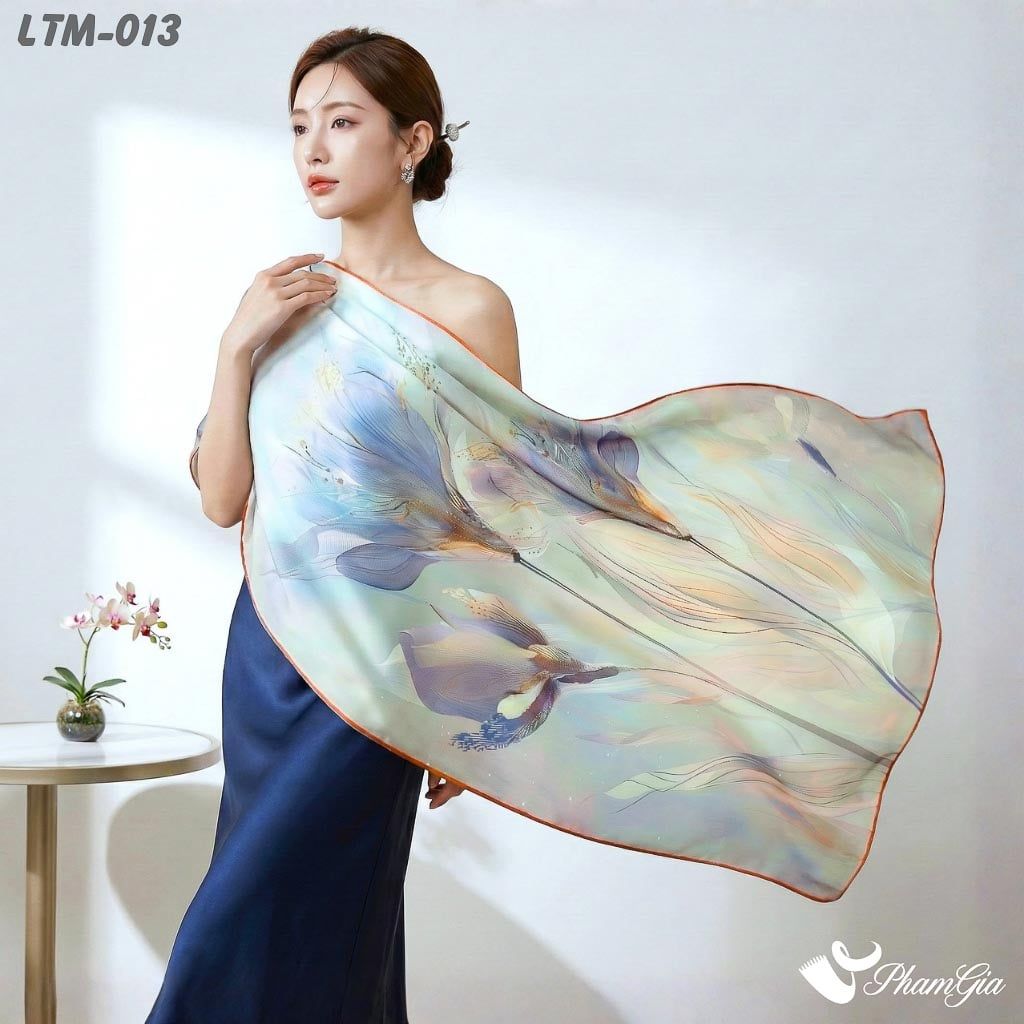 Khăn Choàng Lụa Trúc Mai Cao Cấp Họa Tiết Hoa Lily Phối Màu Ombre Viền ...