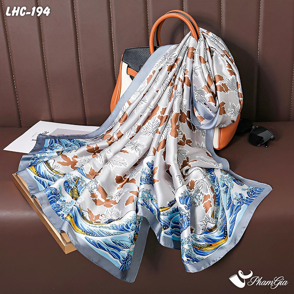 Khăn Choàng Lụa Hàng Châu Màu Xám Ghi Họa Tiết Lá Phong Sóng Biển Nhẹ ...