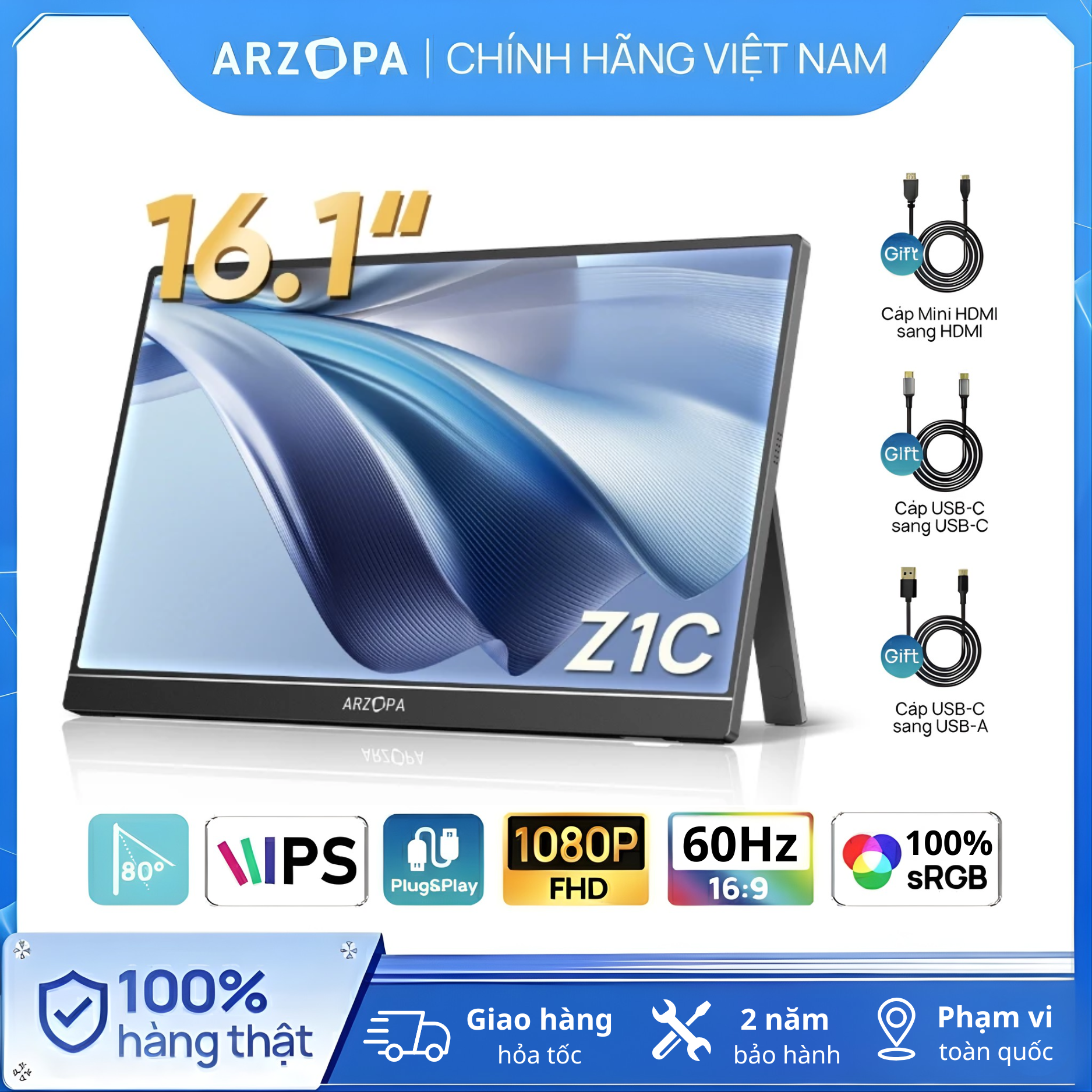 Màn hình di động ARZOPA Z1C 16.1" 60Hz FHD 1080P IPS 100% sRGB – ARZOPA ...