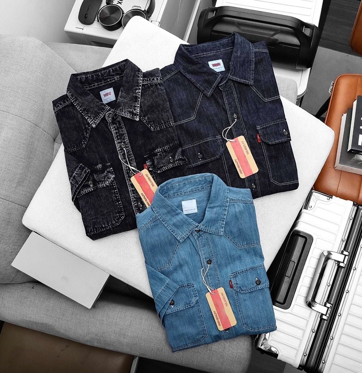 Áo Sơmi tay ngắn chất Denim mềm mịn form Slimfit mặc tôn dáng trẻ trun ...