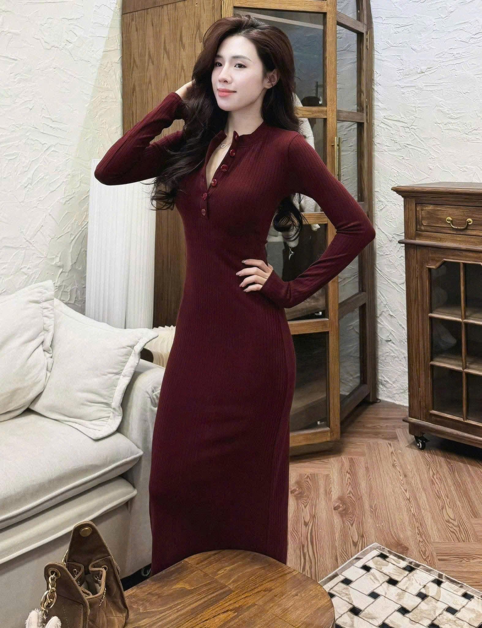 SHE4920 ĐẦM BODY DÀI PHỐI NÚT (ĐỎ ) – LEARA