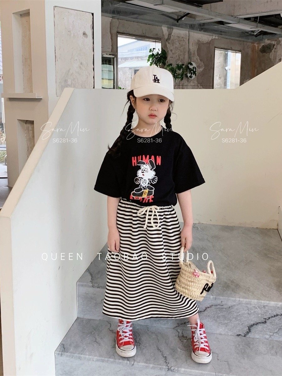 Set Sara Min áo cotton đen HuMan - chân váy dài kẻ ngang size 2-12y ...