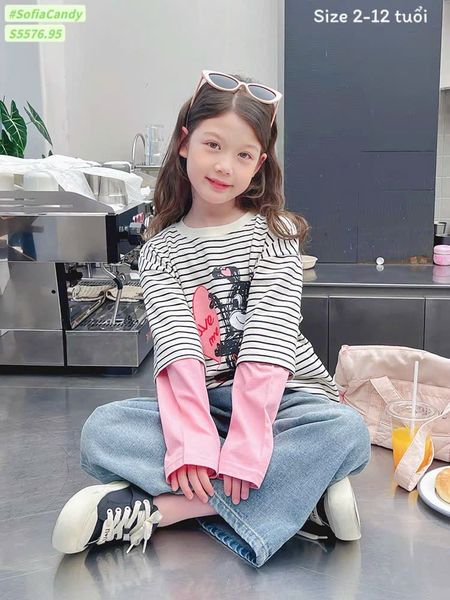 S5576 - Set Sofia Candy áo thun kẻ hình cún nối tay hồng - quần jean x ...