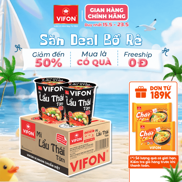 Mì ly lẩu Thái tôm VIFON 60g – chua cay đậm đà, thơm ngon vị tôm